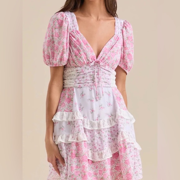Dresses | Floral Pink And White Floral Puff Sleeve Tiered Mini Dress ...